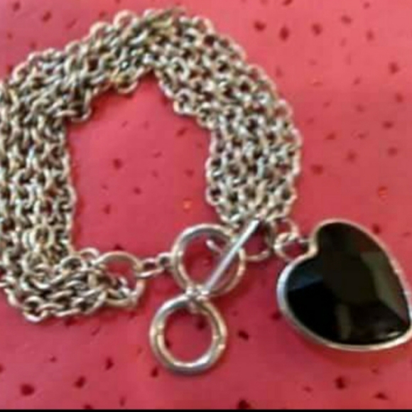 Jewelry | Silver And Black Stone Heart Drop Charm Bracelet | Poshmark